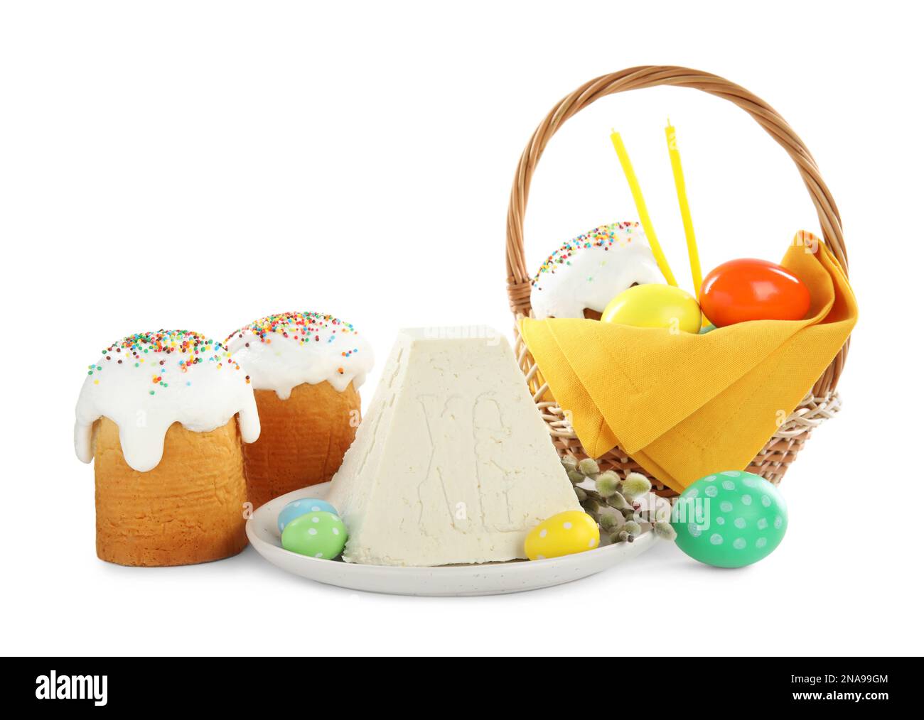 Composition with traditional cottage cheese Easter paskha on white ...