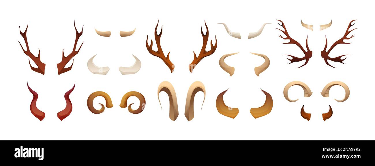 Animal horns. Cartoon bones hunter trophy, pairs of ram cow deer moose ...