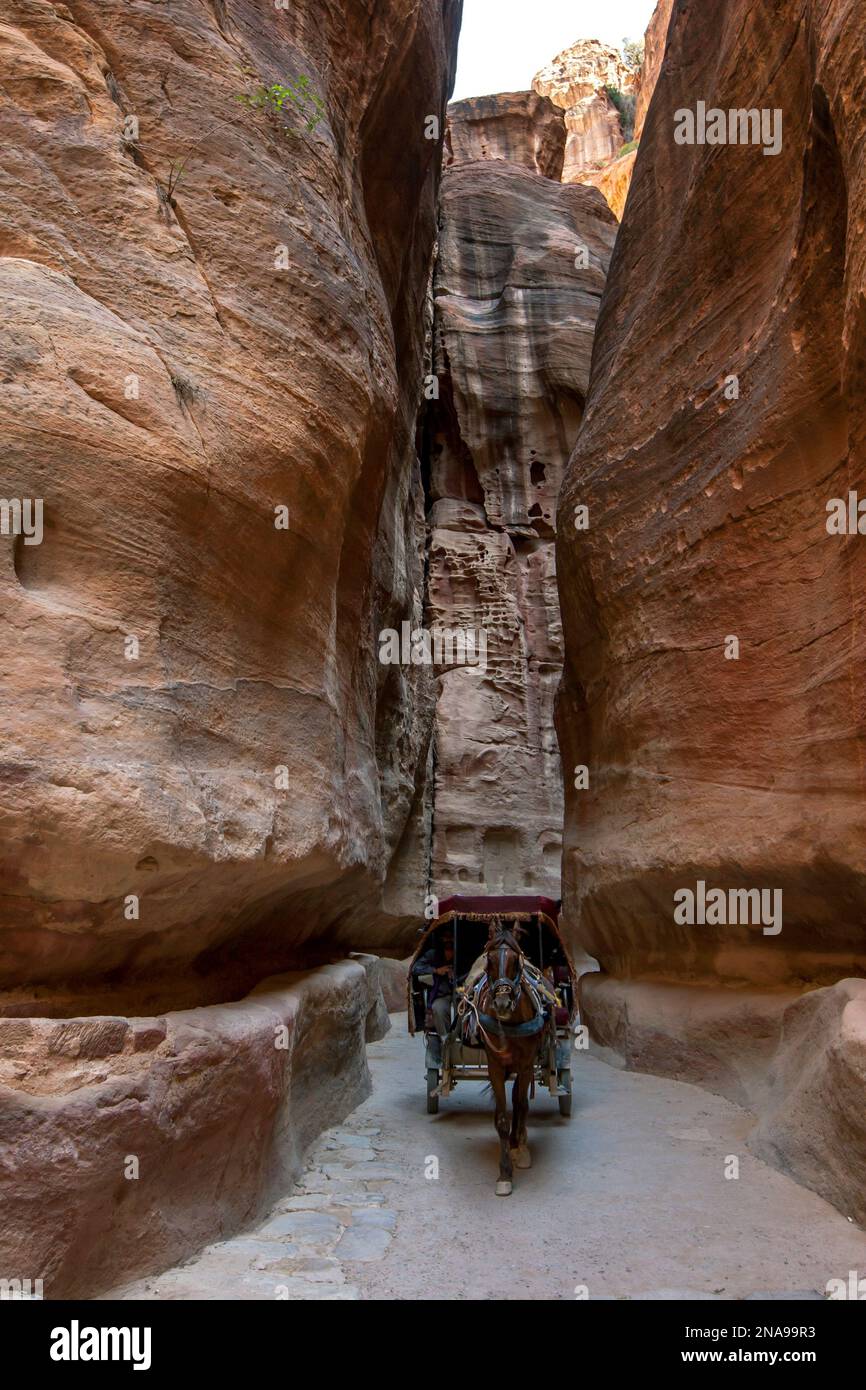 A horse drawn buggy moves through the Siq at the ancient site of Petra ...