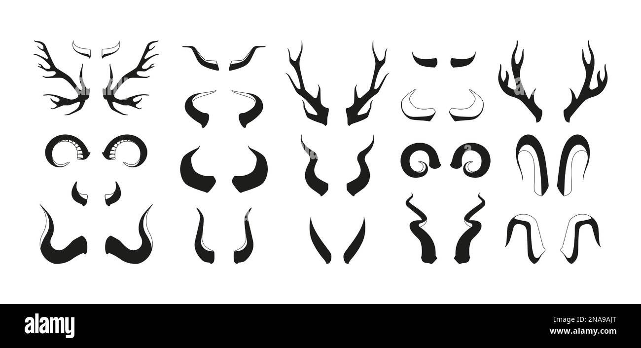 Horn silhouettes. Black pairs of animal antlers different shapes ...
