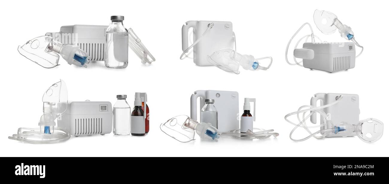 Set of modern nebulizers on white background, banner design. Inhalation ...
