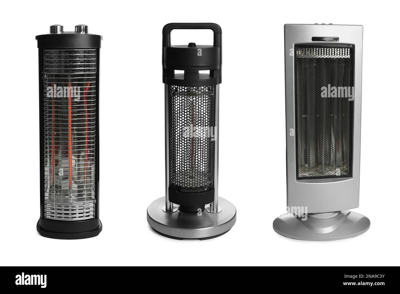 Different modern electric heaters on white background, collage Stock ...