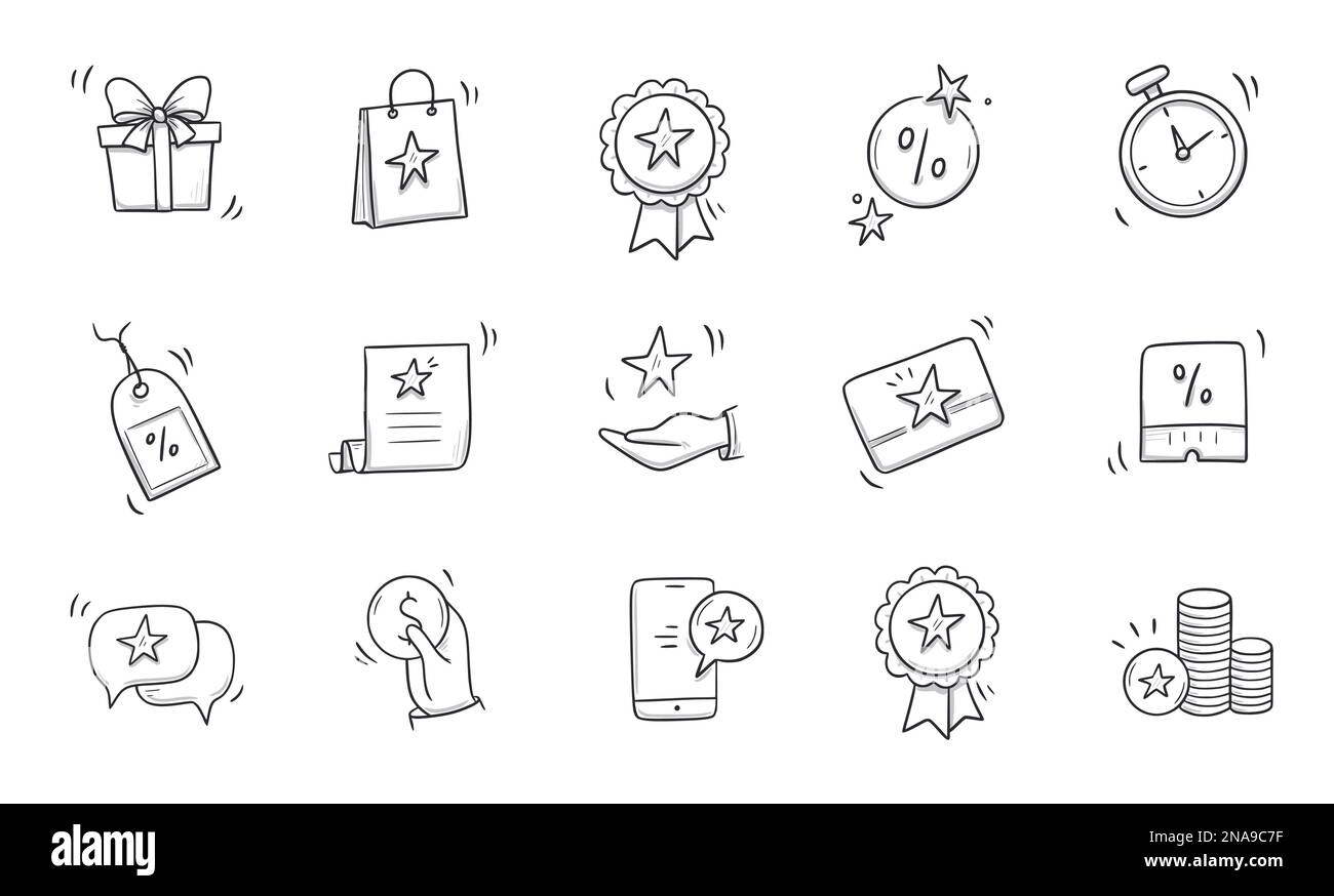 Doodle gift, discount coupon icon set. Hand drawn sketch style bonus ...