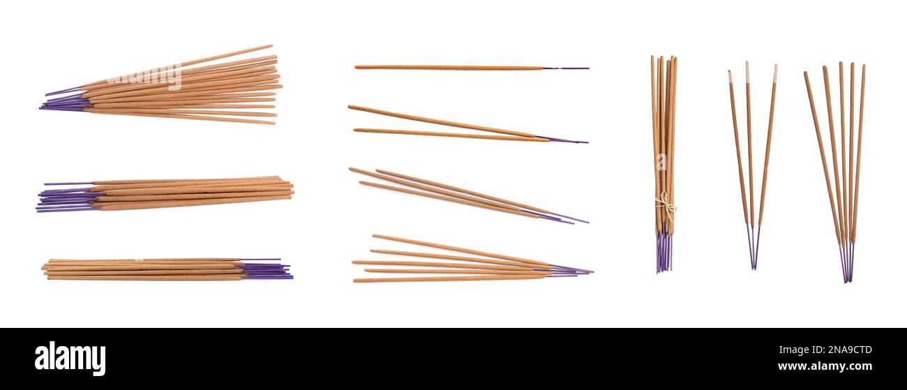 Set with aromatic incense sticks on white background. Banner design ...