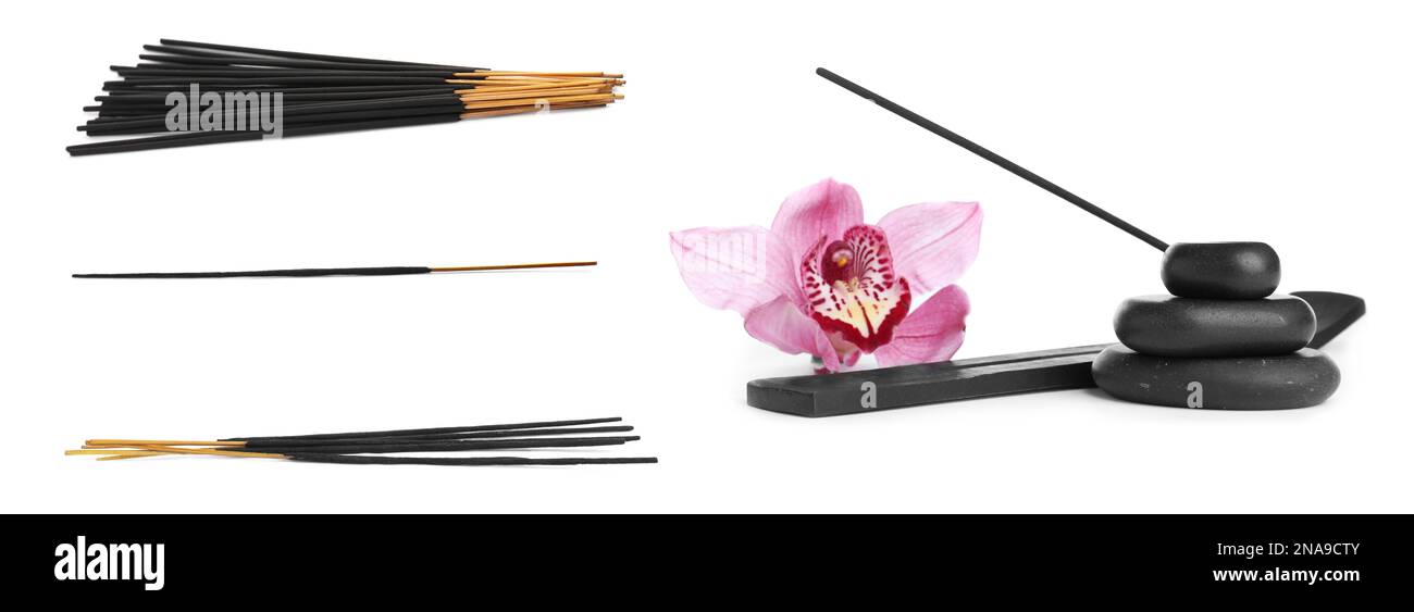 Set with aromatic incense sticks on white background. Banner design ...