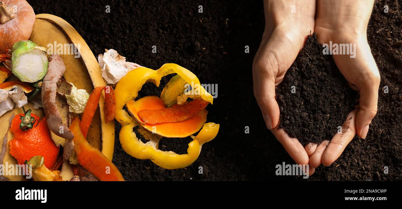 Organic waste for composting and woman holding handful of soil, top ...