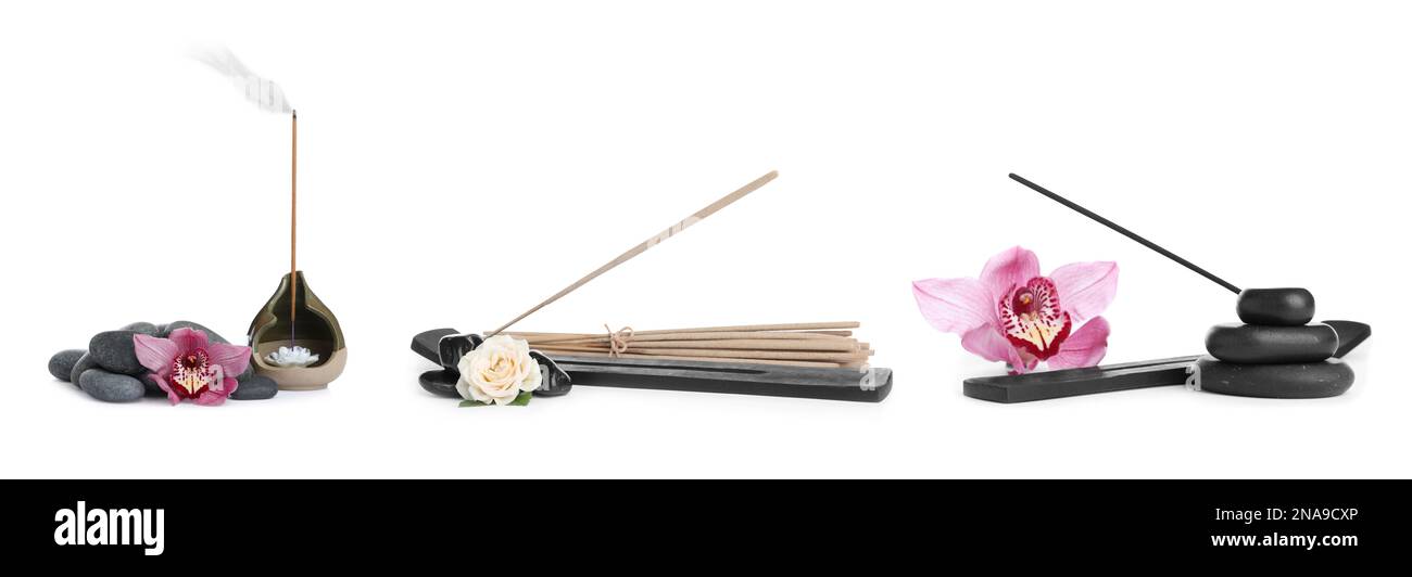 Set with aromatic incense sticks on white background. Banner design ...