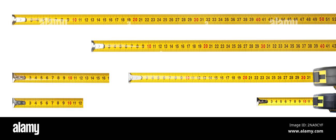 Set with measuring tapes on white background, banner design Stock Photo ...