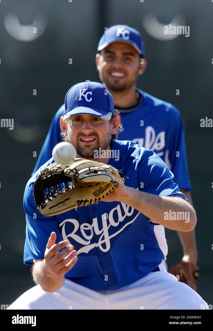 Kansas City Royals pitcher Danny Duffy catches a ball during baseball ...