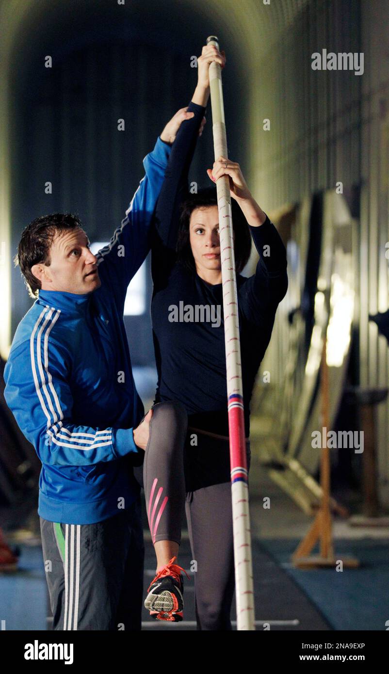 In this photo taken, Thursday, Feb. 16, 2012, pole vaulter Jenn Suhr ...