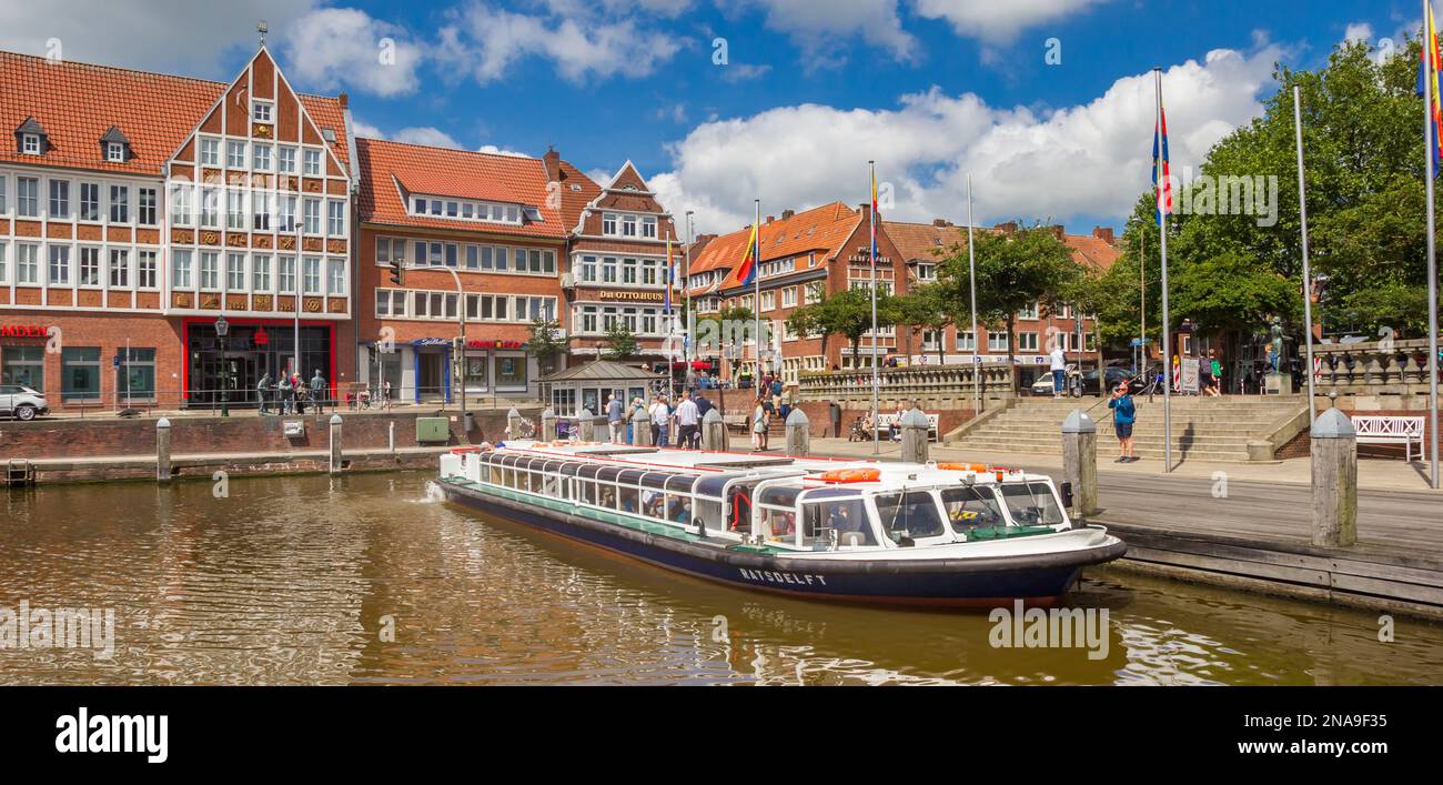 Panorama of a cruise boat in the Ratsdelft harbor of Emden, Germany ...
