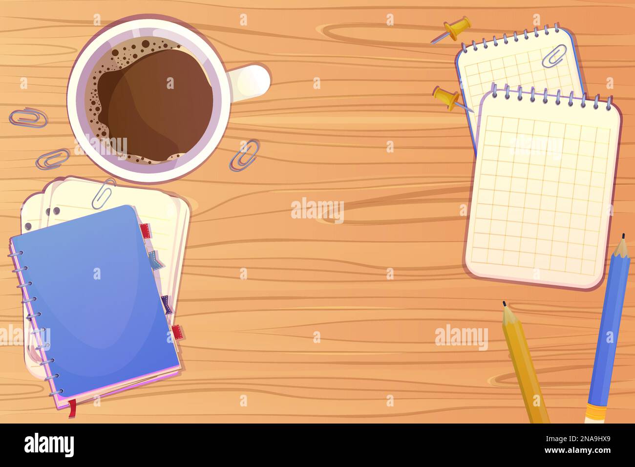 Workplace with stationary, cup with coffee, notebook, paper notes top ...