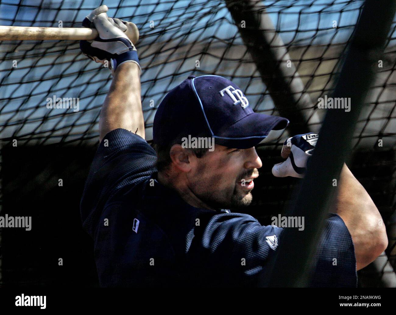Tampa Bay Rays catcher Nevin Ashley takes batting practice as pitchers ...