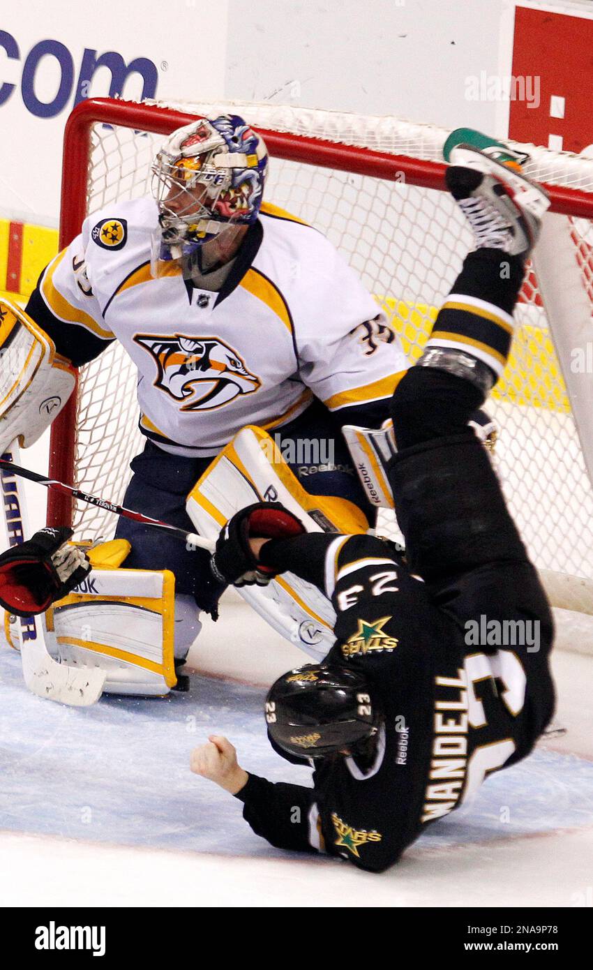 Dallas Stars center Tom Wandell (23) lands in front of Nashville ...