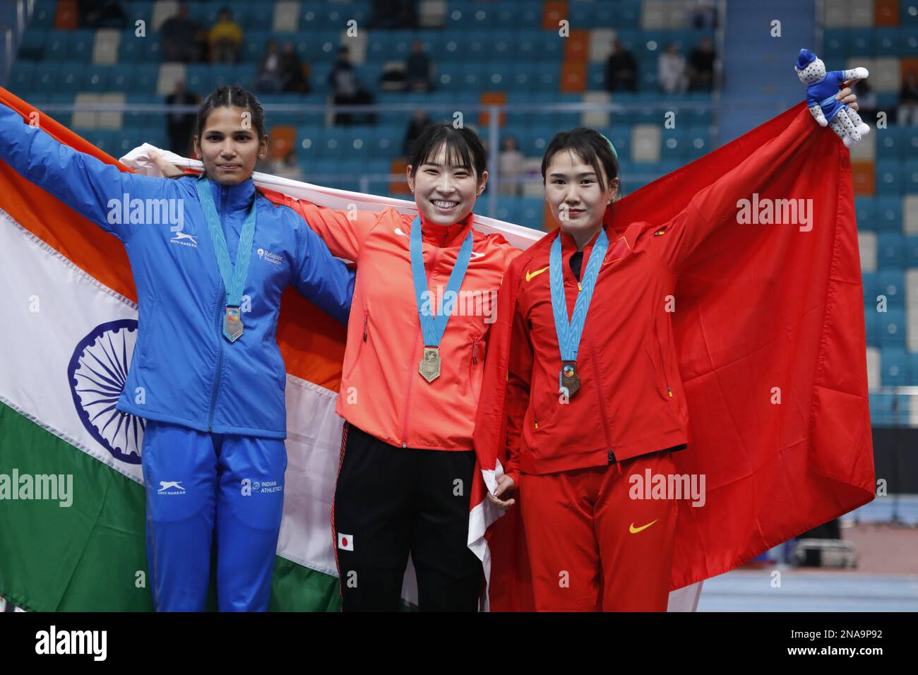 Astana, Kazakhstan. 12th Feb, 2023. (from L ro R) Jyothi Yarraji of India, Aoki Masumi of Japan ...