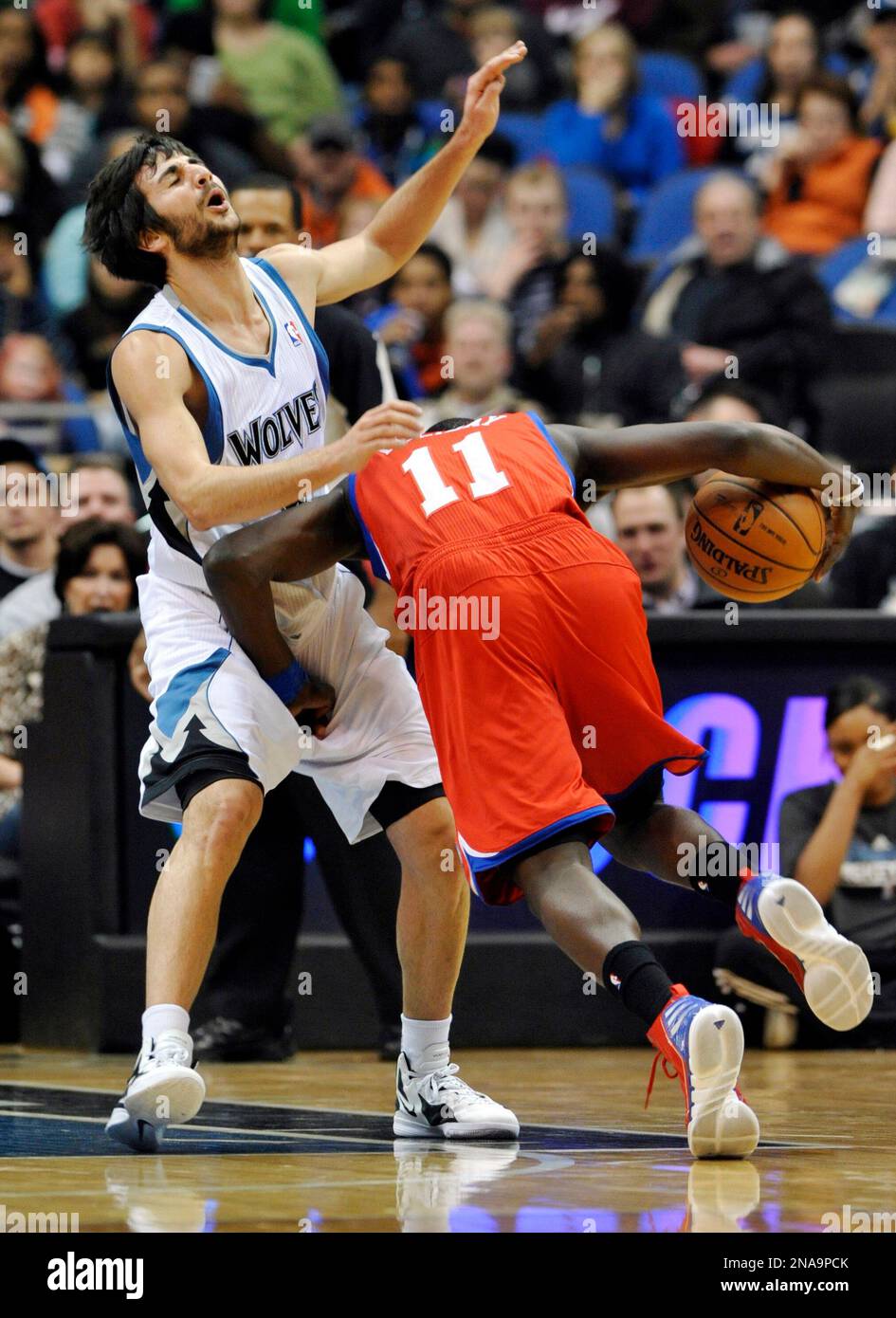 Minnesota Timberwolves' Ricky Rubio, left, of Spain, reacts after ...