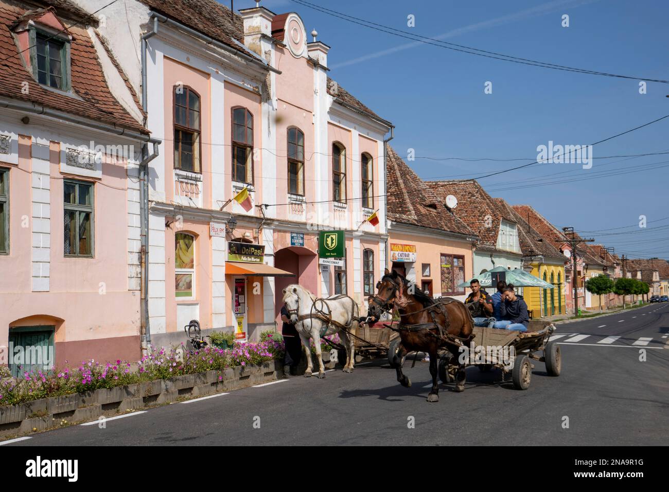 Horse and cart in the high street of Biertan Village, Sibu County ...