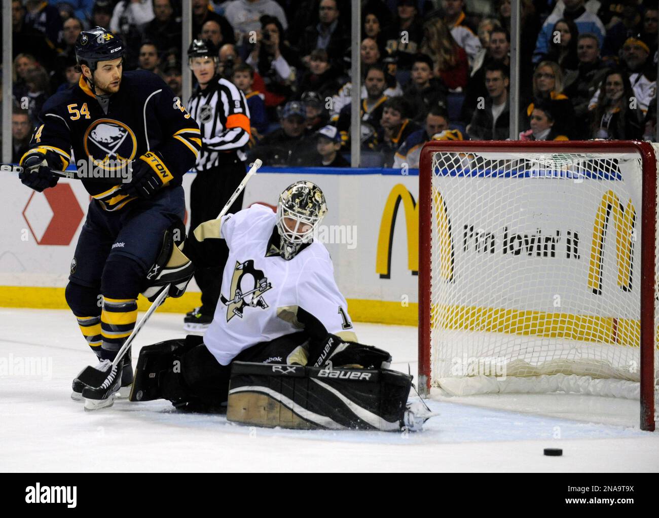Buffalo Sabres' Zach Kassian (54) watches a rebound off the pad of ...