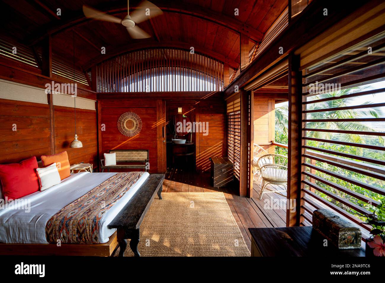 Room in one of the cabins at Cabo Searai Hotel, Cabo de Rama, Goa ...