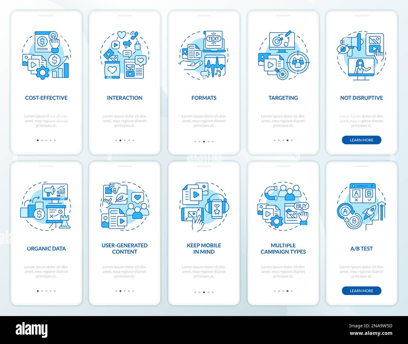 SMM benefits and tips blue onboarding mobile app screens set Stock Vector Image & Art - Alamy