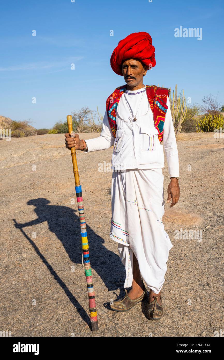 Rabari Shepherd with white tunic and red turban in the Pali Plain ...