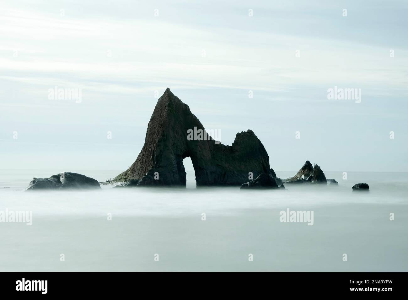 Dramatic rock formation of Pelican Rock at Martin's Beach near Half ...
