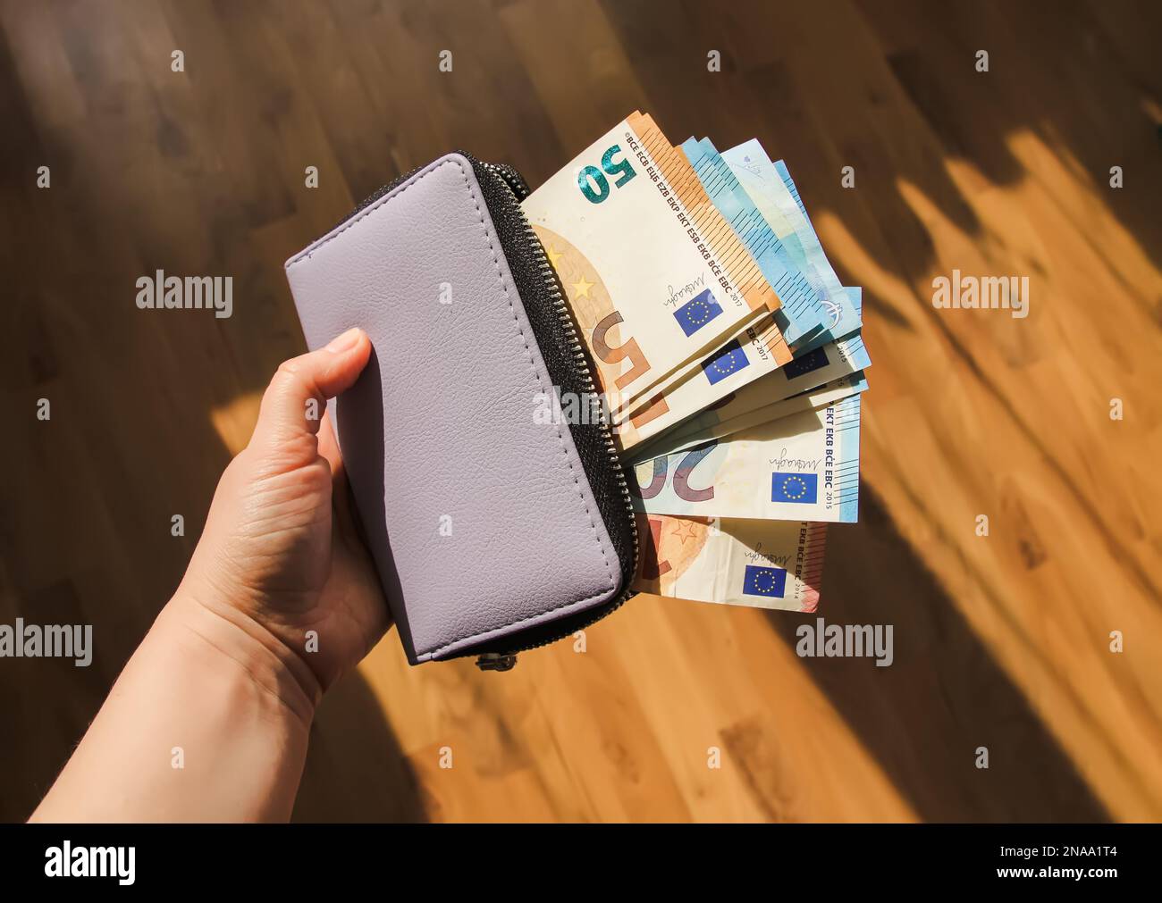 Wallet with euro money banknotes in a hand Stock Photo - Alamy