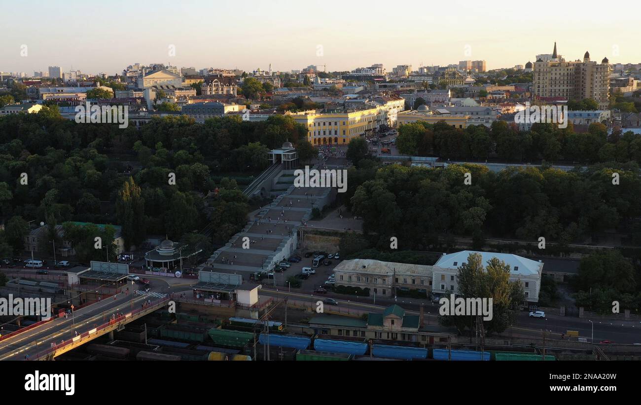 View from drone of urban city scape. Odessa Potemkin stairs. Railways ...