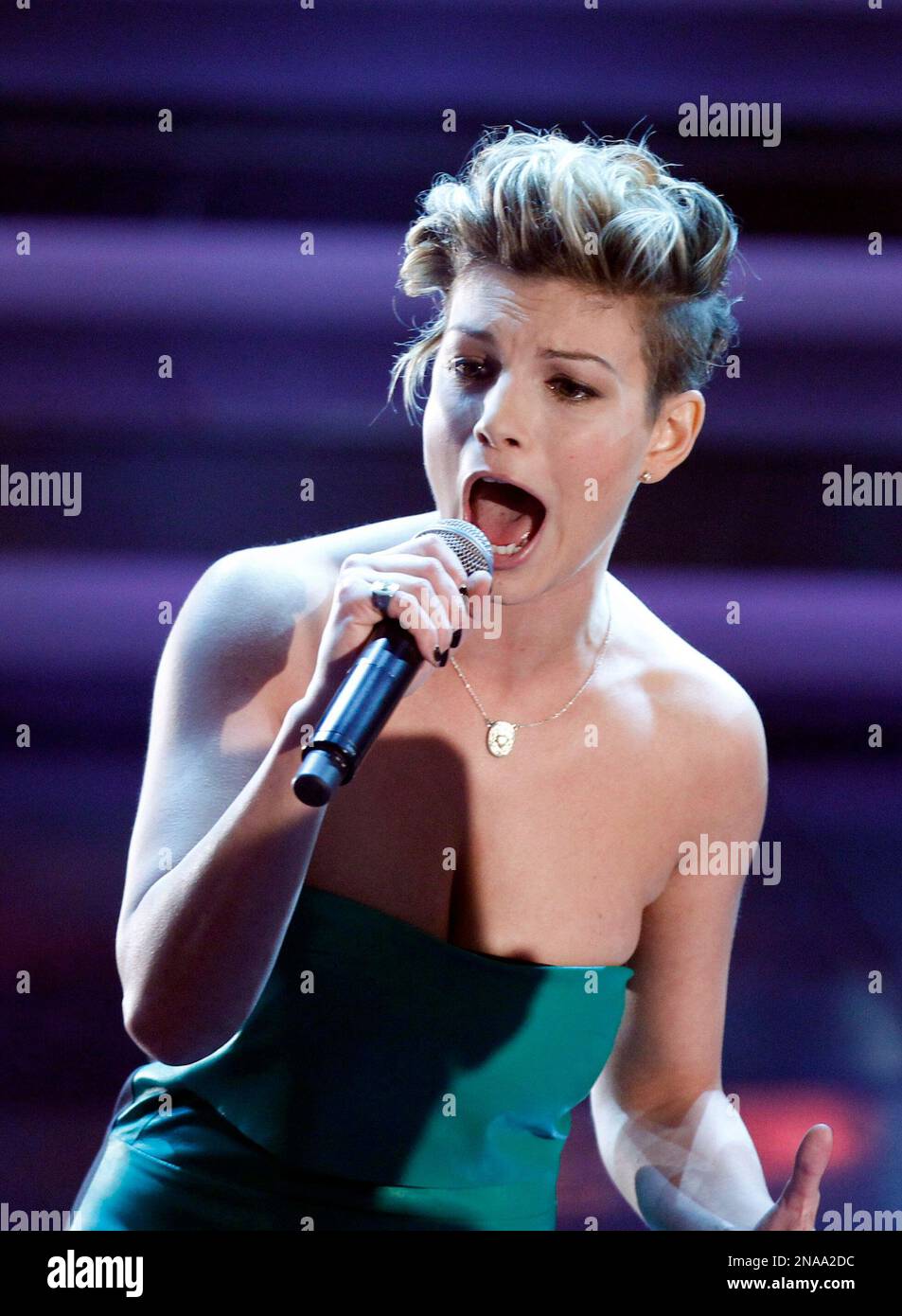 Italian singer Emma performs during the 62nd edition of the Sanremo ...