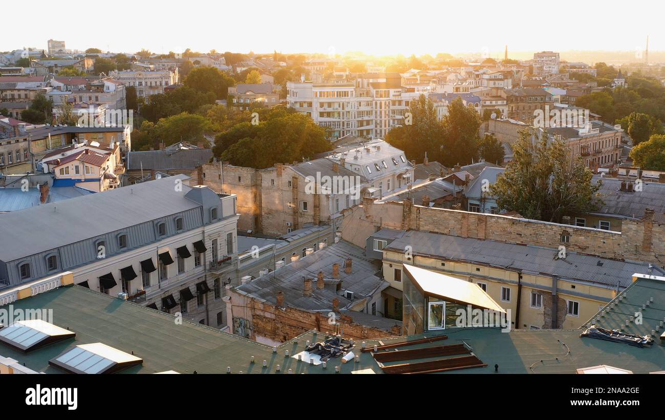 Aerial drone view of Odessa city at sunset or sunrise. Urban scape with ...