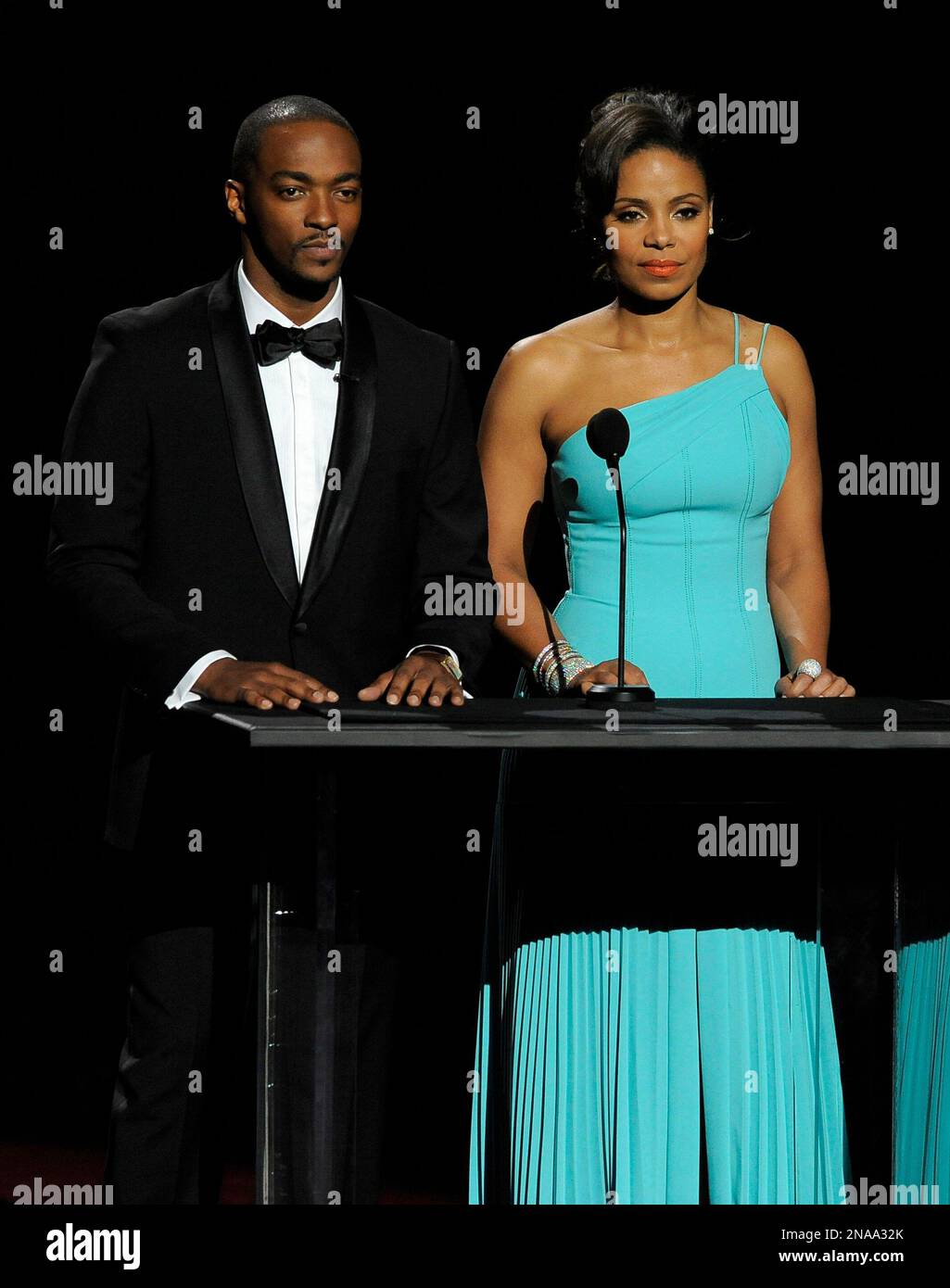 Hosts Anthony Mackie, left, and Sanaa Lathan speak onstage at the 43rd ...
