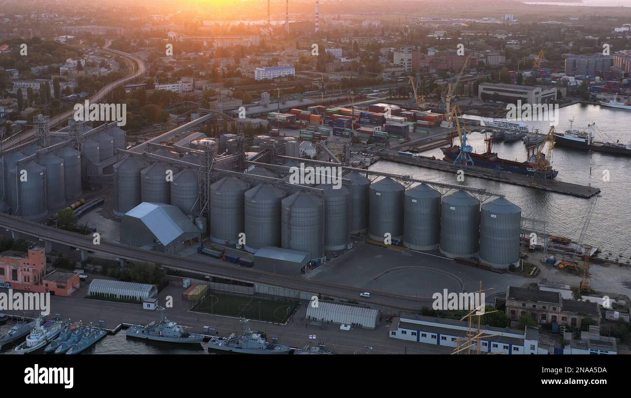 Drone view of urban city scape with sea port. Grain terminals in Odessa ...