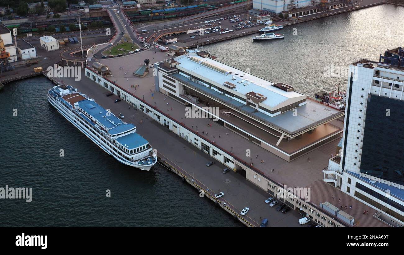 Top view of a cruise ship in Odesa passenger port. Tourism and resort ...