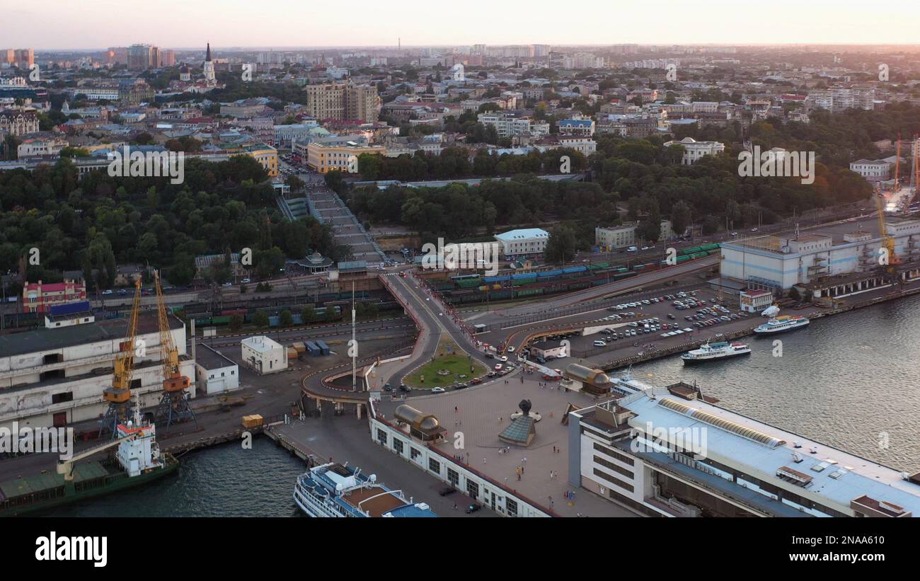 Aerial view of Odesa city scape with sea port. Cruise ships and roads ...