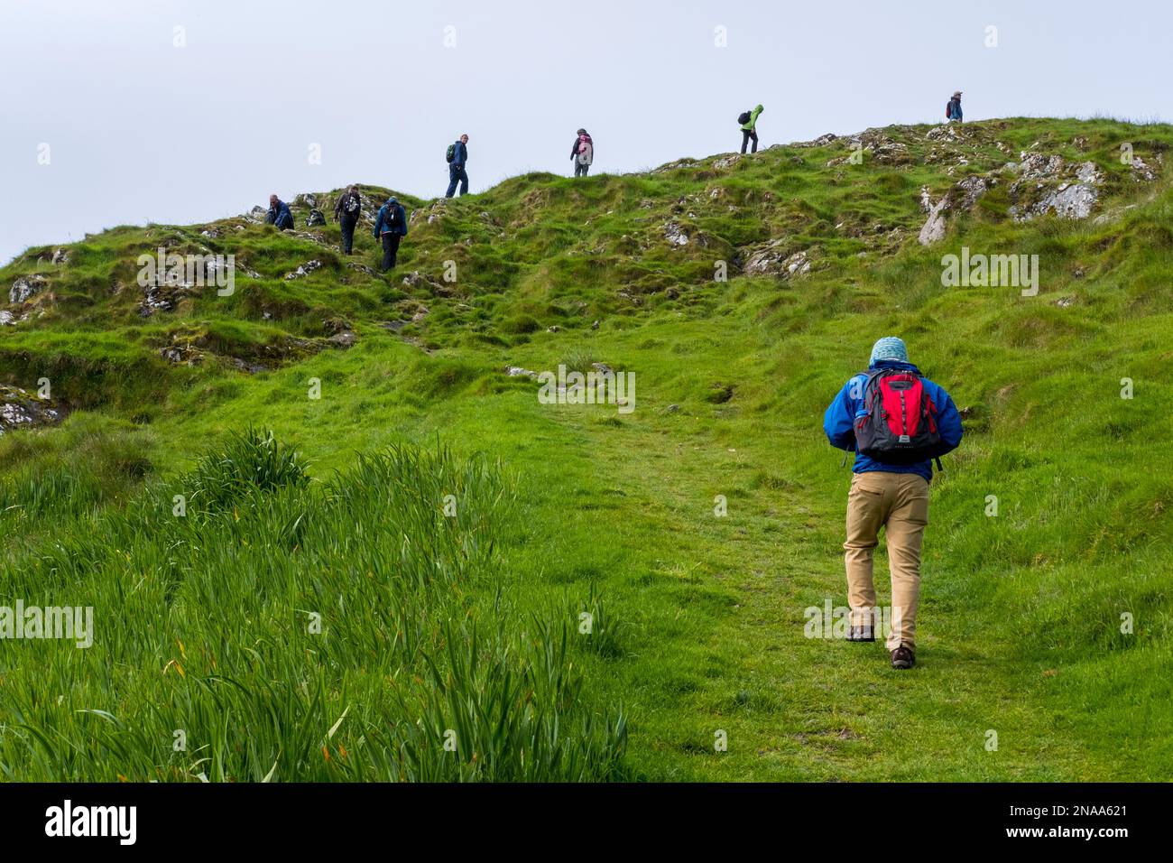 Hikers follow a foot path on Dun I, Isle of Iona, Scotland Stock Photo ...
