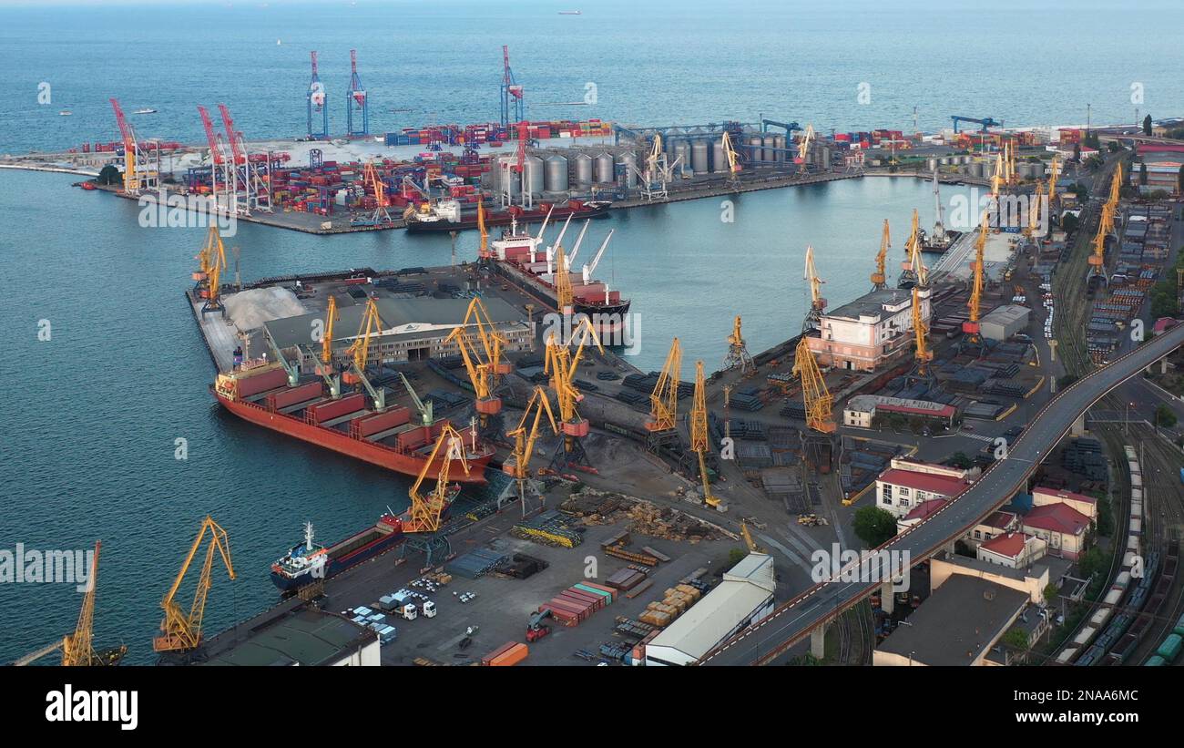 Aerial view of sea port with ships and containers. Top view Odessa ...