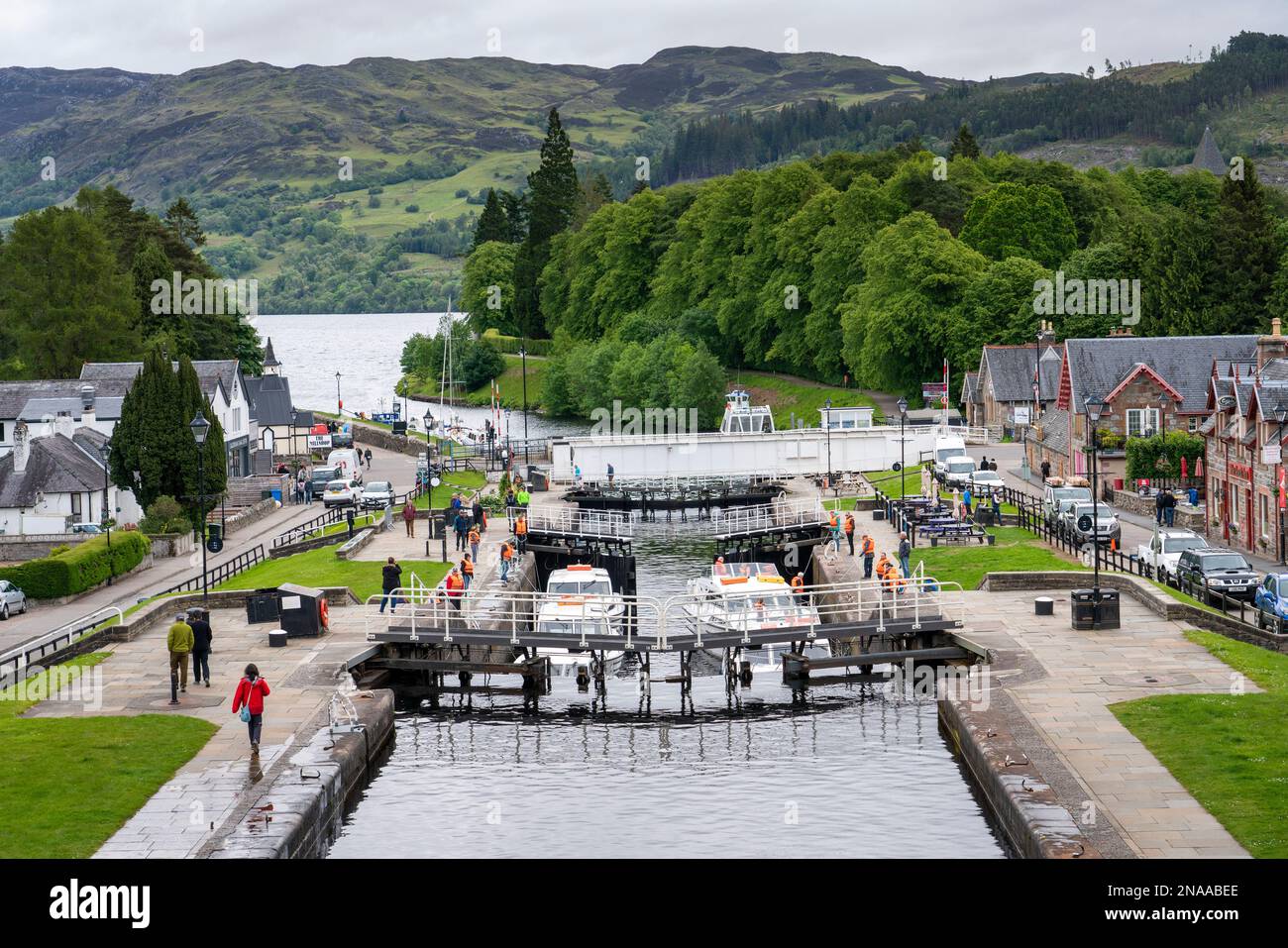 A series of Caledonian Canal locks near lake Loch Ness at Fort Augustus ...
