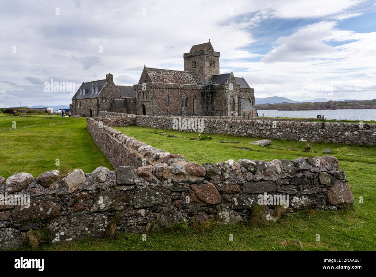 Stone walls surround the Benedictine Abbey on the Isle of Iona ...