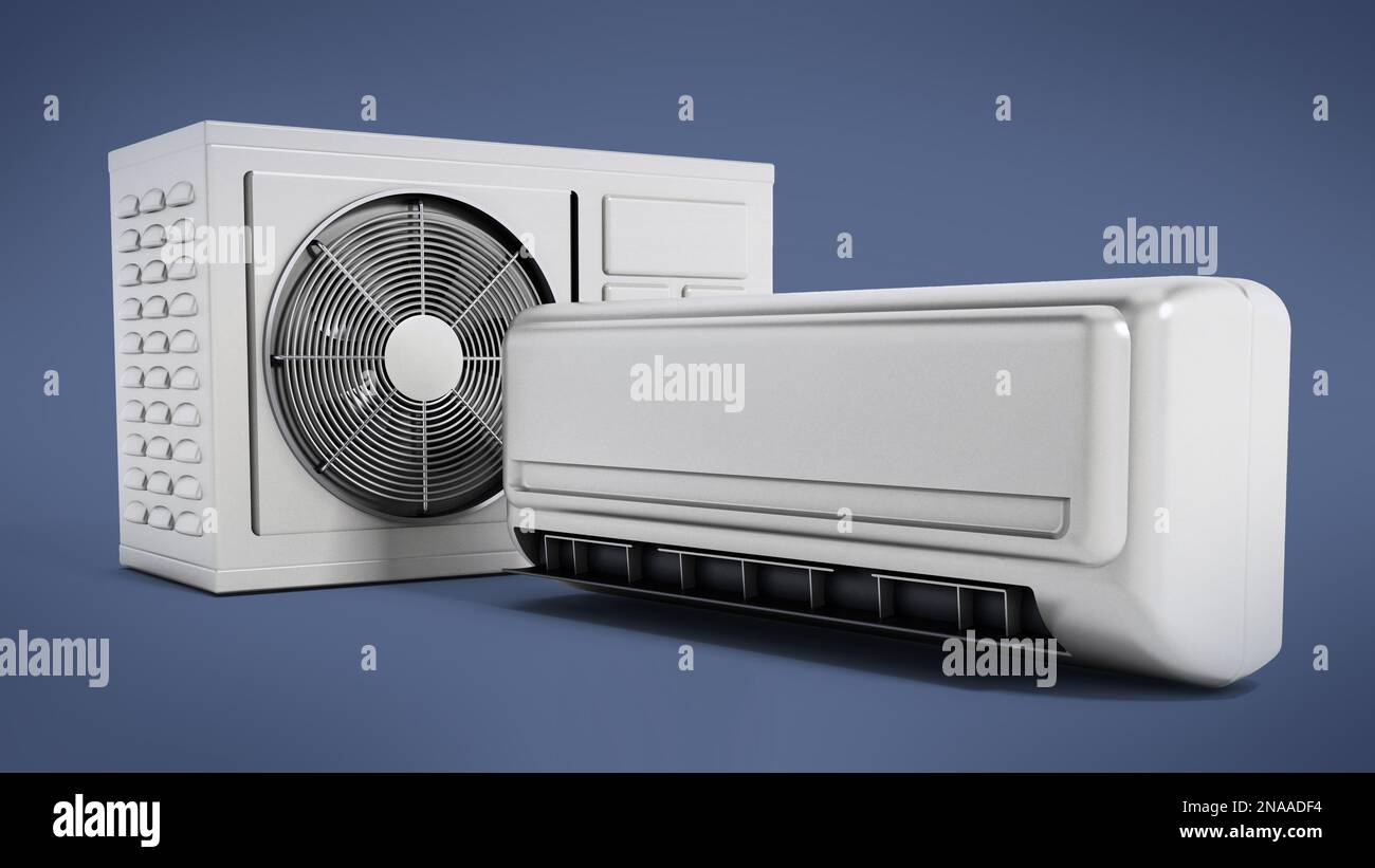 Air conditioner units on blue background. 3D illustration Stock Photo ...