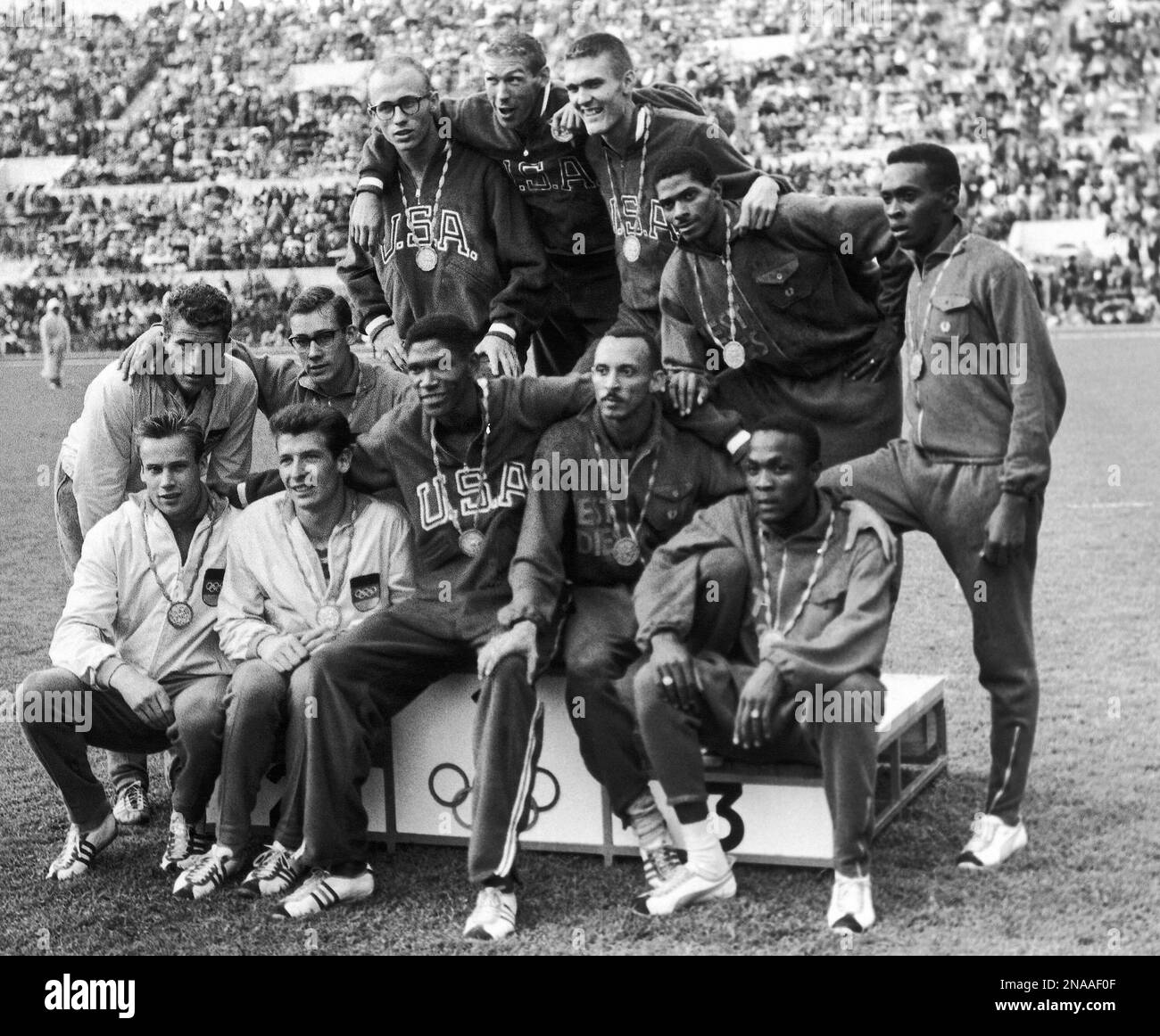 The winners of the Men's 4 x 400 meters Relay Race on the podium at the ...