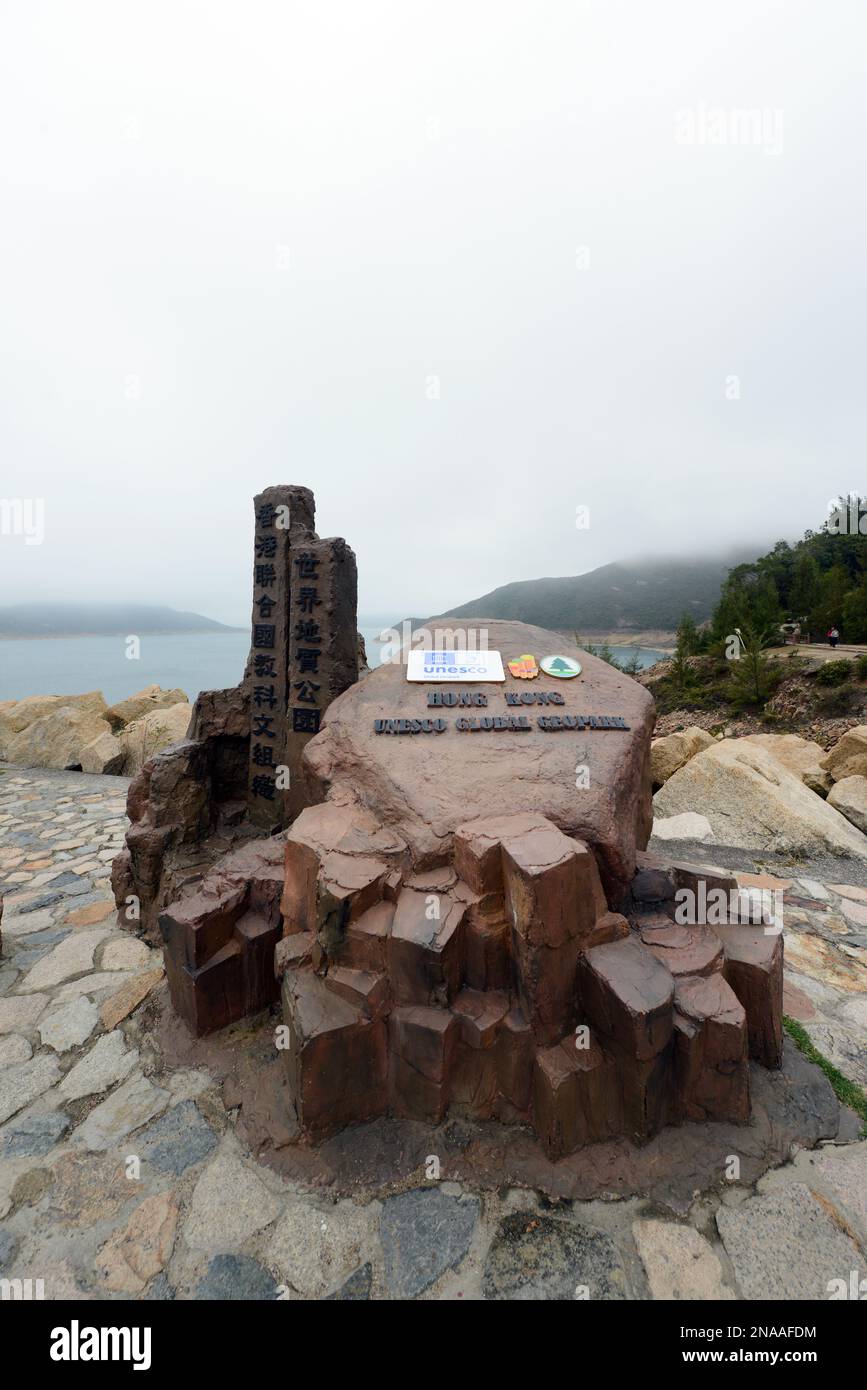 Sign of the UNESCO Global Geopark in Sai Kung East country park in Hong ...