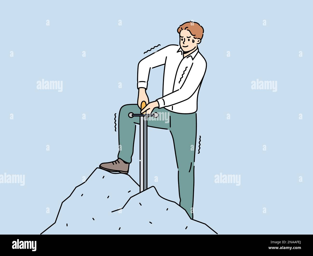 Motivated businessman extract sword from stone. Strong male employee or ...