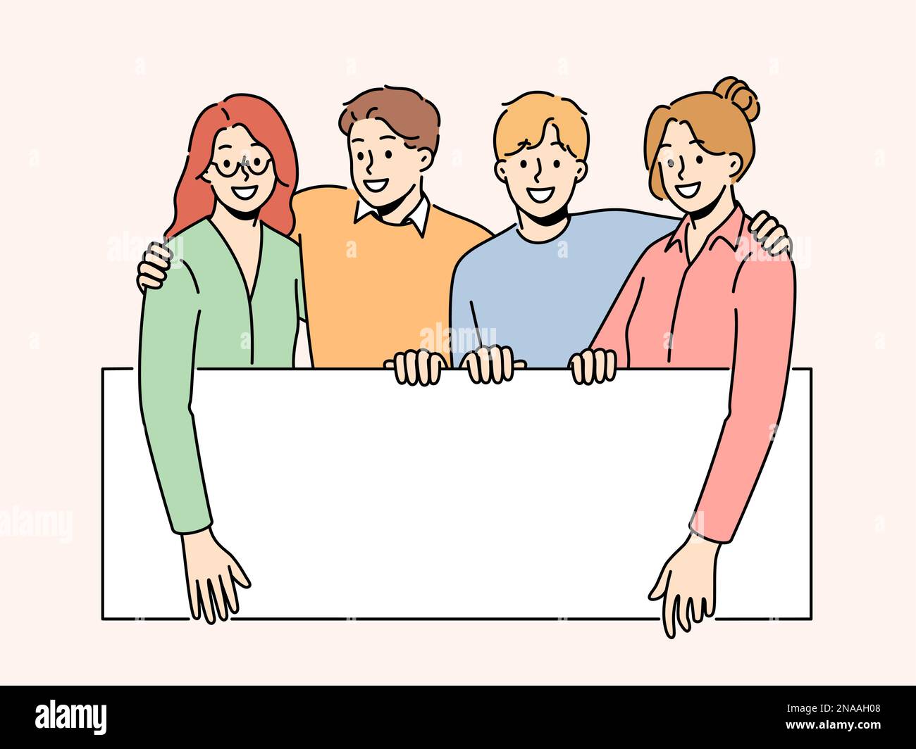 Smiling people holding mockup poster showing good deal or offer. Happy ...