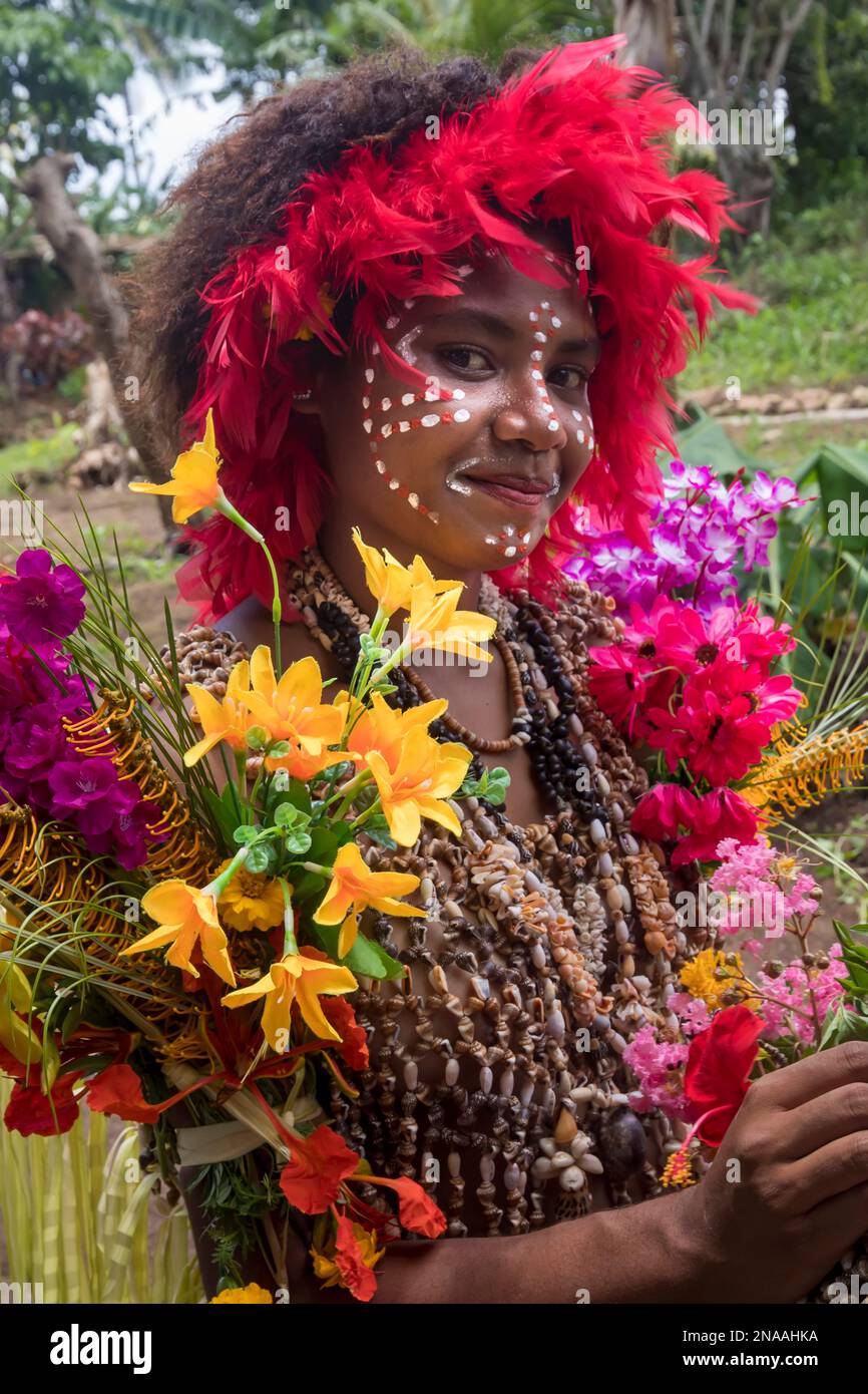 Village girls in tapa bark cloth dresses preparing to perform ...