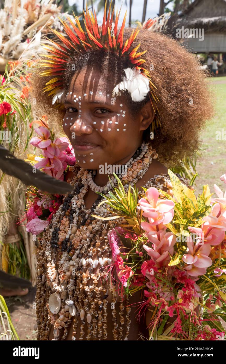 Village girls in tapa bark cloth dresses preparing to perform ...