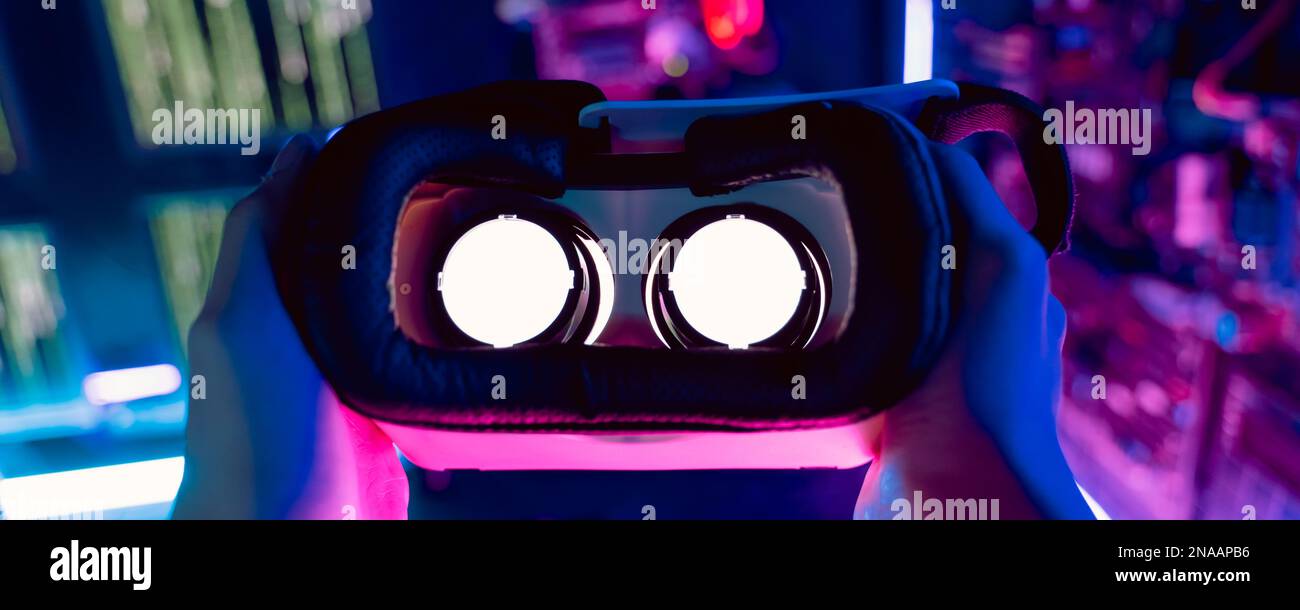 Eyes perspective of person hands holding 3d 360 virtual reality headset ...