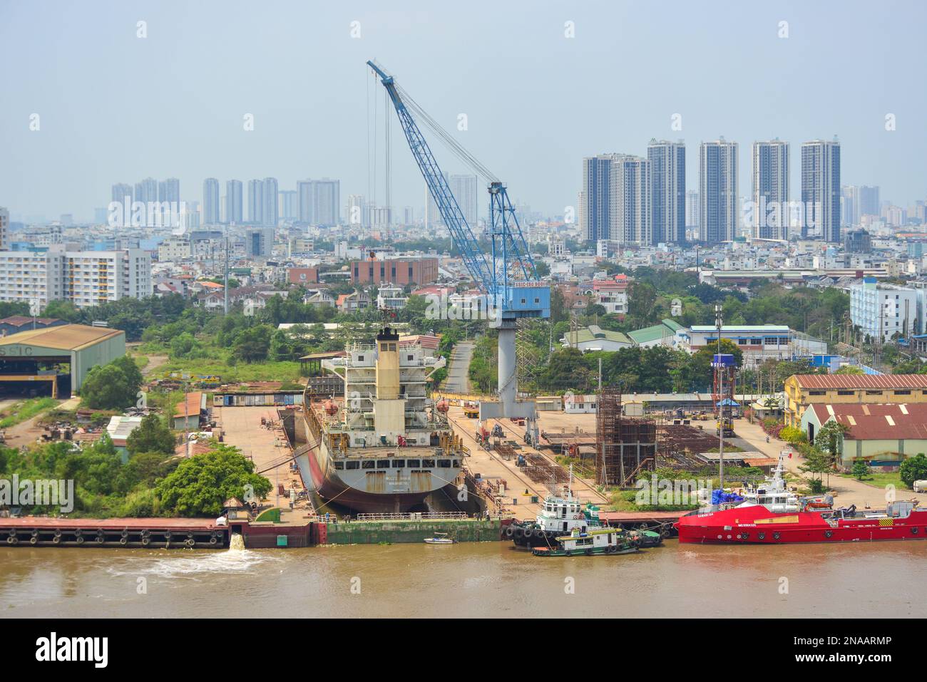 Saigon, Vietnam - Feb 11, 2023. Shipyard located on the banks of Saigon ...