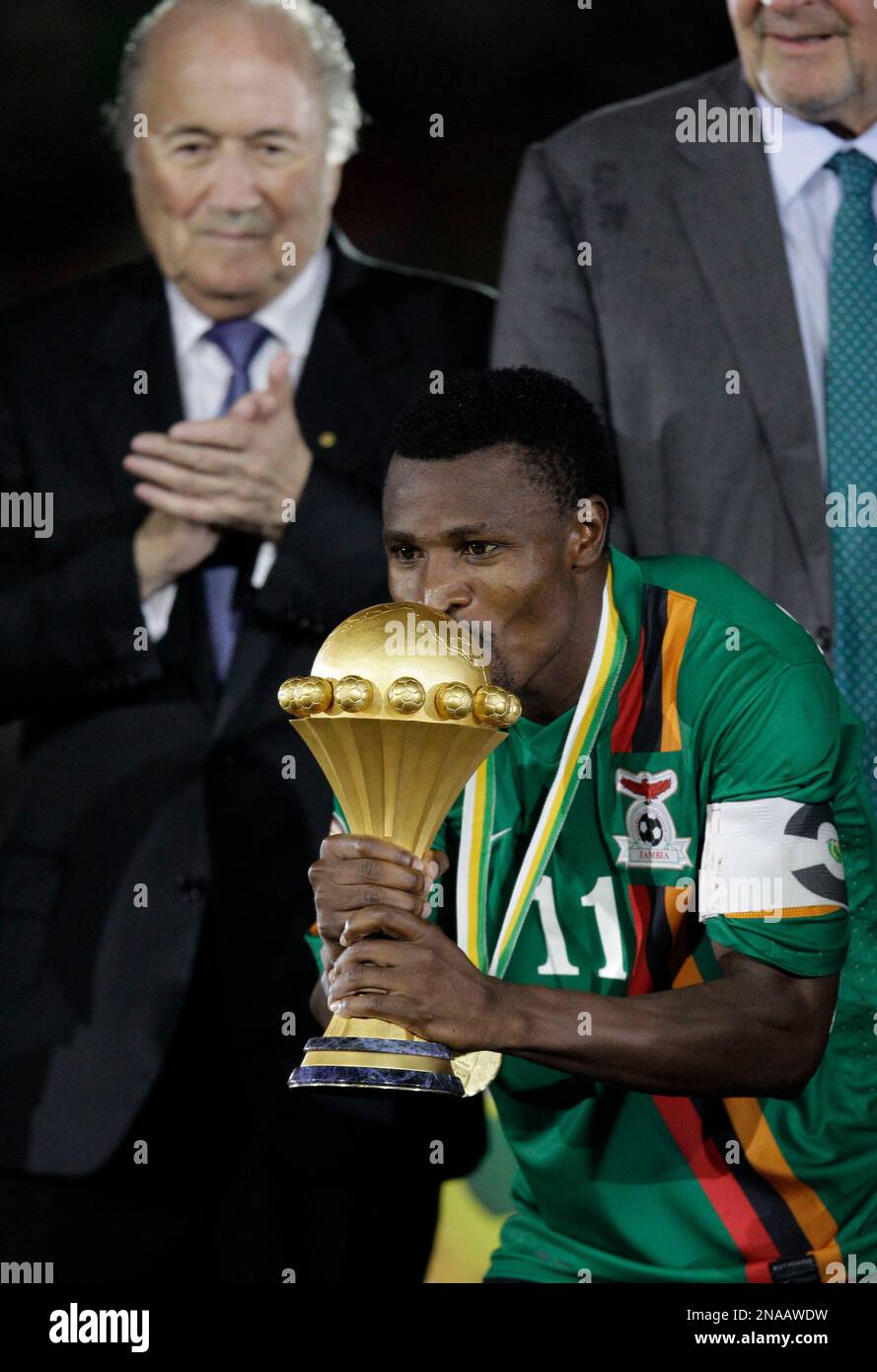 Zambia's captain Christopher Katongo kisses the African Cup of Nations ...