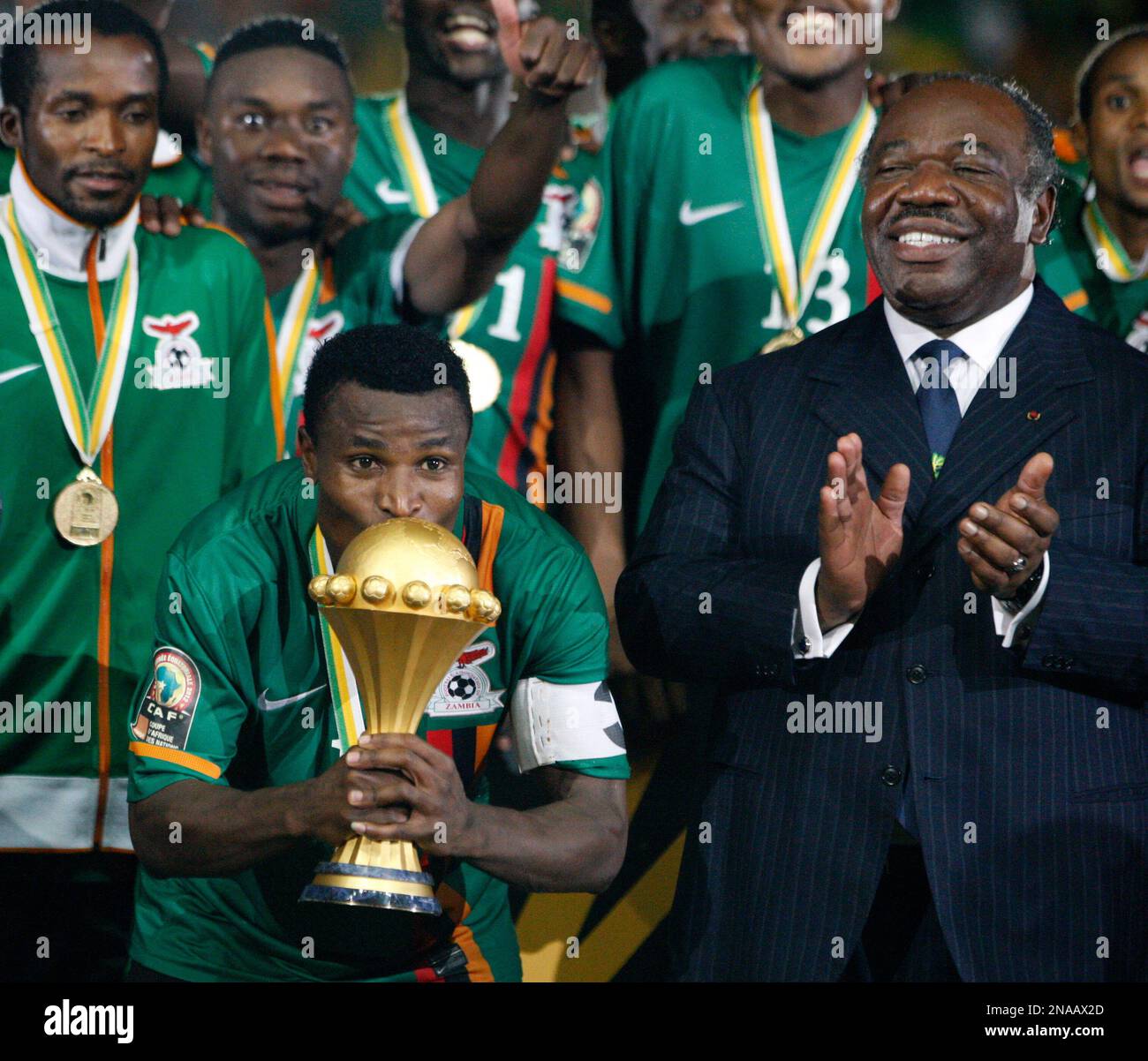Zambia's captain Christopher Katongo kisses the African Cup of Nations ...