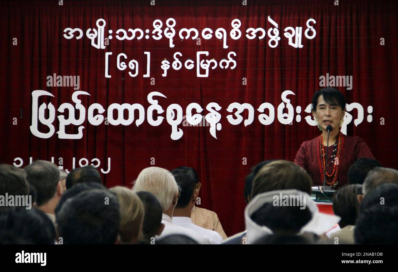 Myanmar pro-democracy icon Aung San Suu Kyi delivers her speech during ...